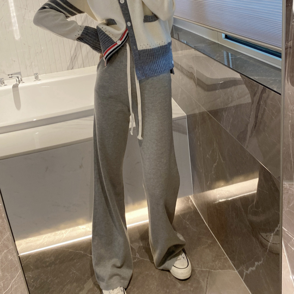 SUAE Thom Browne Wool Lace-Up Wide-Leg Pants - Gray, High-Waist Drape ...