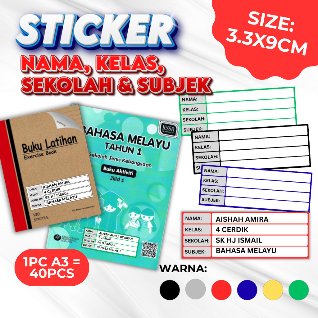 Sticker nama kelas subjek sekolah tahan lama sesuai untuk buku latihan ...