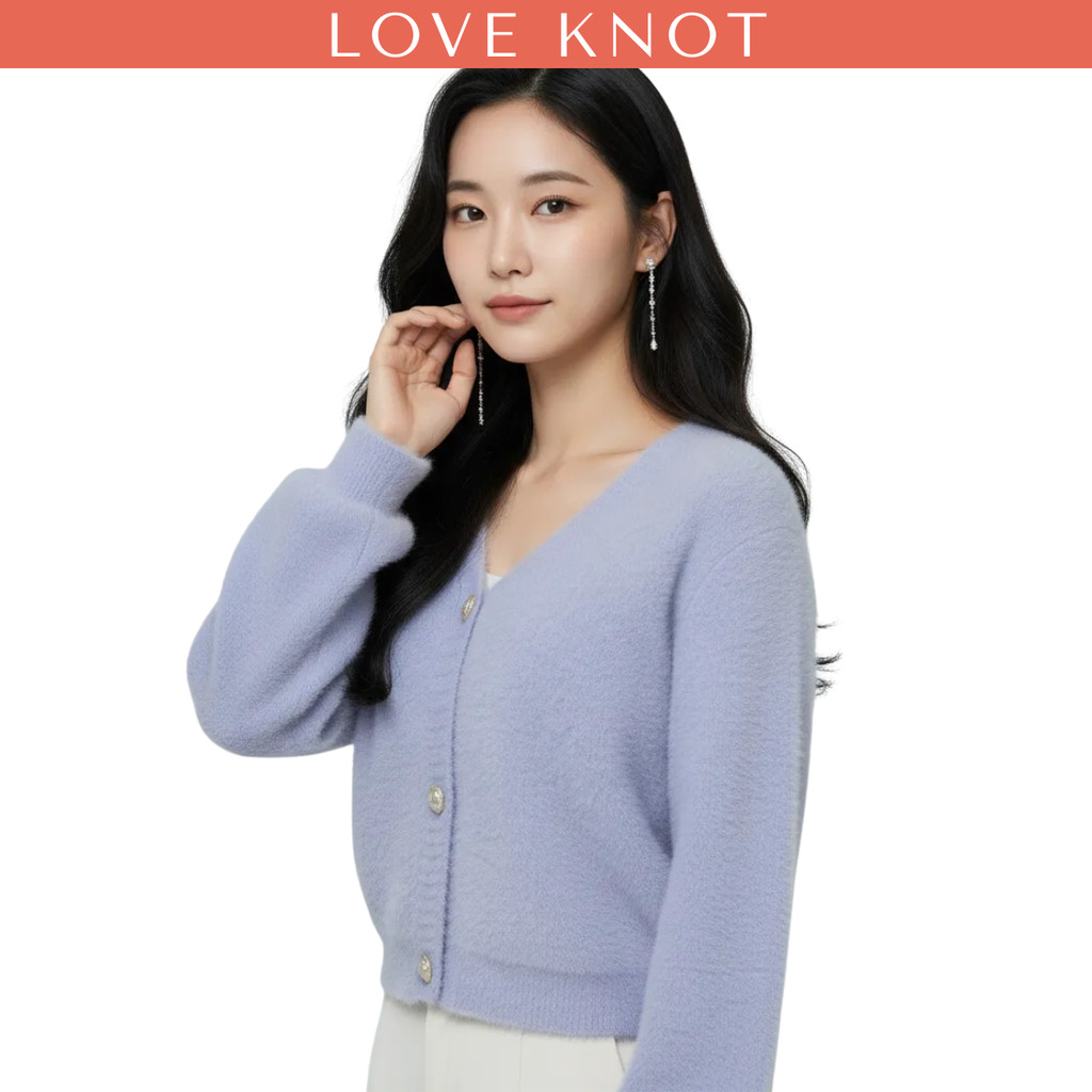 Delora Fuzzy Cardigan With Heart Pearl Buttons (Purple) | Shopee Malaysia