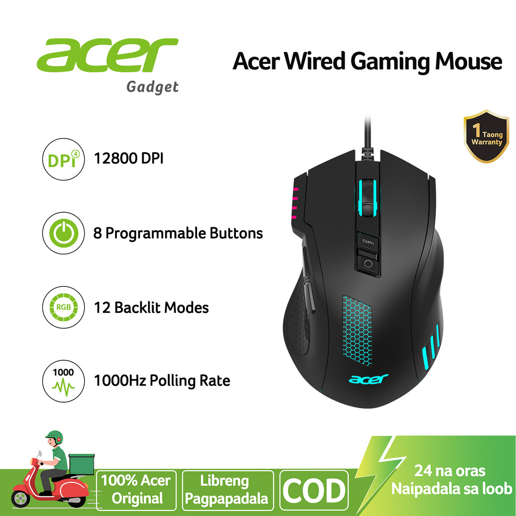 Acer Wired Gaming Mouse 12,800 DPI RGB Ergonomic Computer Mouse with ...