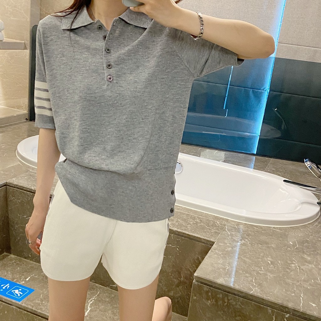 YLAS Thom Browne polo Collar Casual White Short-Sleeved T-Shirt Men ...