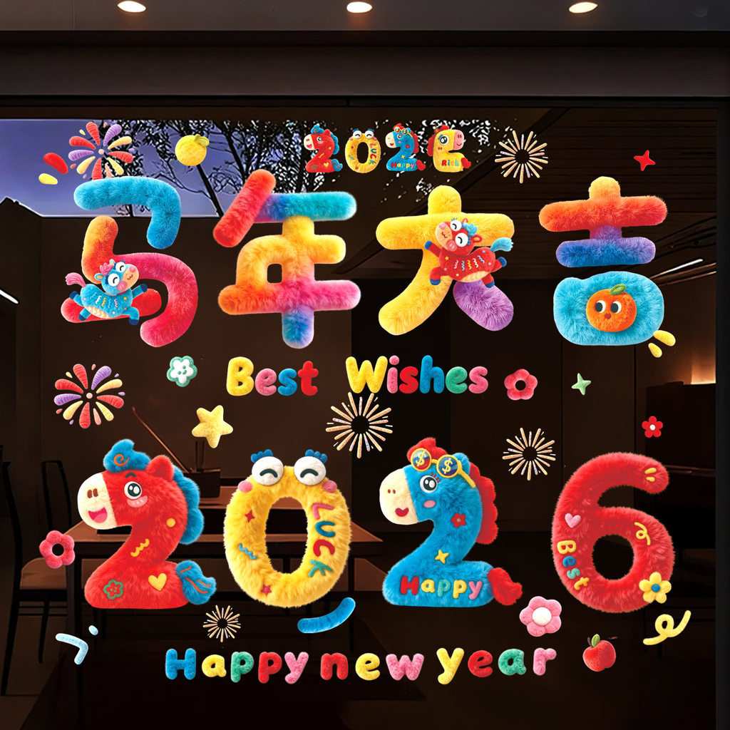 2026 CNY Horse Year 5D Furry Window Sticker Static Cling Glass Decor ...