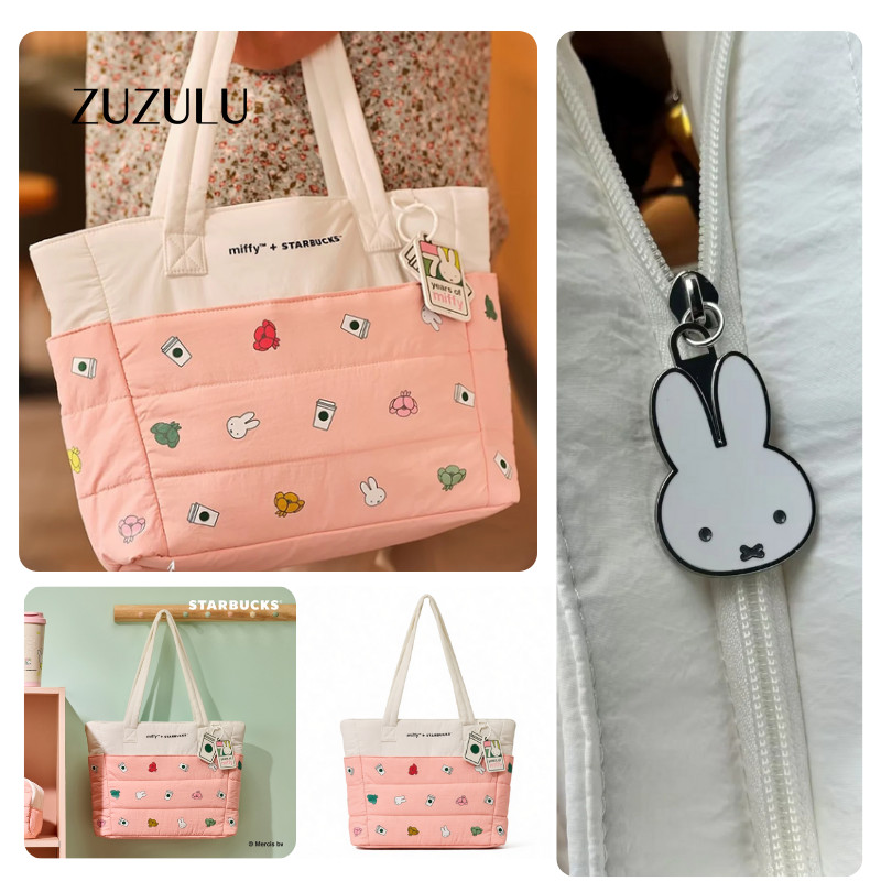 Miffy × Starbucks Cute Tote Bag, Pink Quilted Shoulder Bag with Cartoon ...