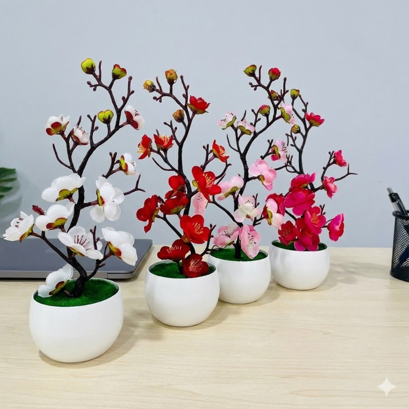 Artificial Bonsai Mini Plum Blossom Tree | Fake Sakura Plastik Potted ...