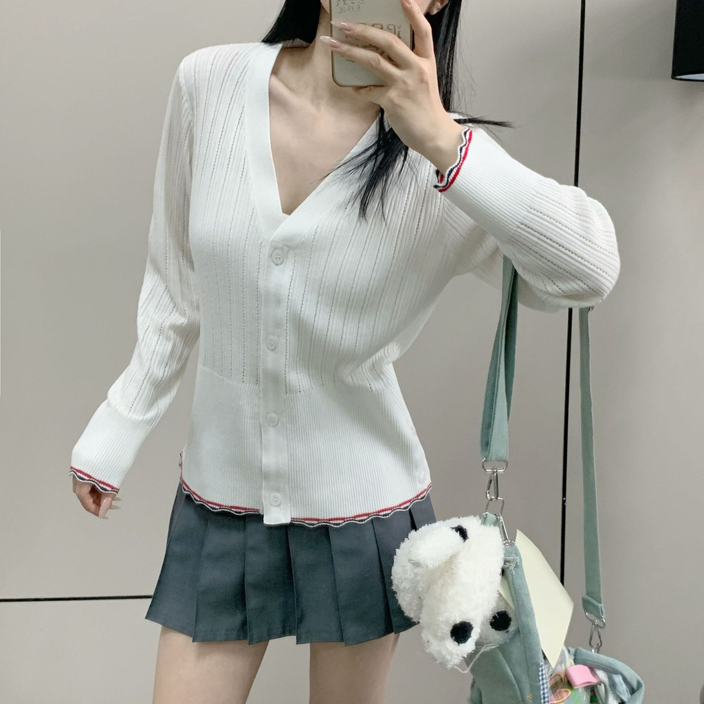 NTXC Thom Browne Red White Blue Ribbon V-neck Wool Cardigan - Slim Fit ...