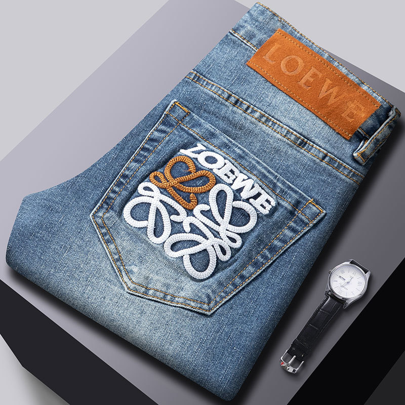 LOEWE1963 Jeans Men's Autumn Winter Stretch Embroidery Slim-fit Casual ...
