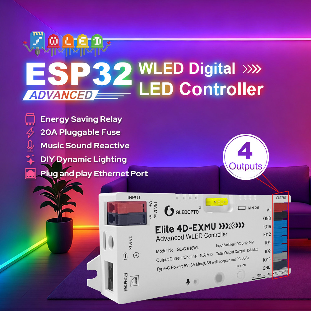 GLEDOPTO ESP32 WLED LED Strip Light Controller with 4 Outputs Ethernet ...