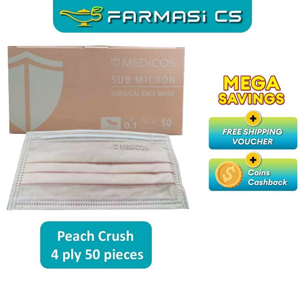 Medicos Ultra Soft 4 ply Surgical Face Mask (Peach Crush) 50 Pieces (1 ...