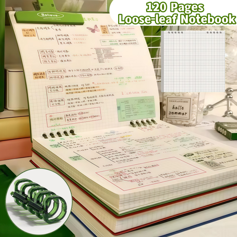 120 Pages Loose-leaf Notebook Color Detachable Notepad Flip Up Grid ...