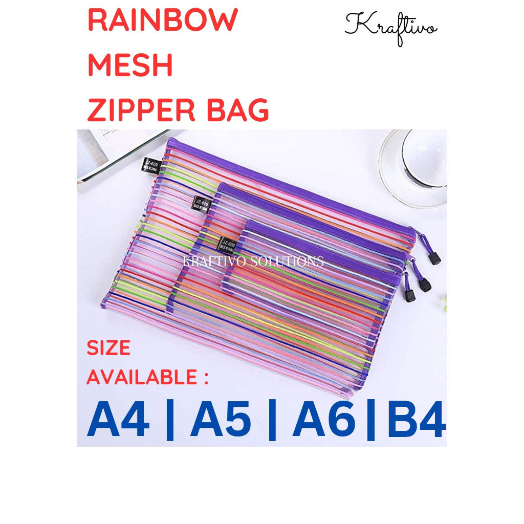 [ RAINBOW MESH ZIPPER BAG ] A4/A5/A6/B4 NYLON RAINBOW COLOUR MESH ...