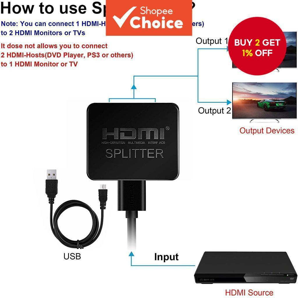 New Full HD 4K 1080P 1x2 HDMI Splitter 3D 1 in 2 Out Amplifier for Dual ...