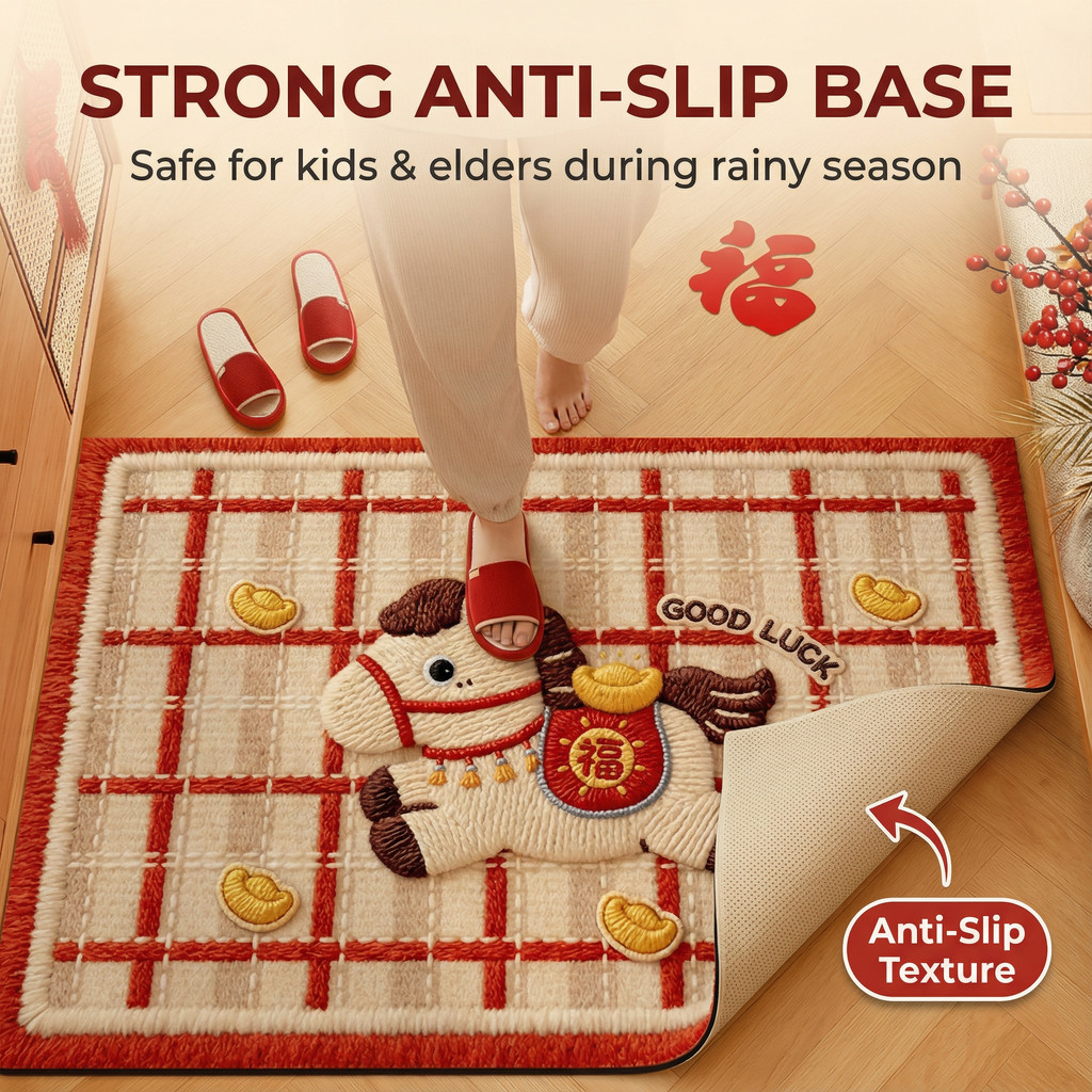 2026 Year of the Horse Crystal Velvet Carpets Cartoon Kuda CNY Door ...