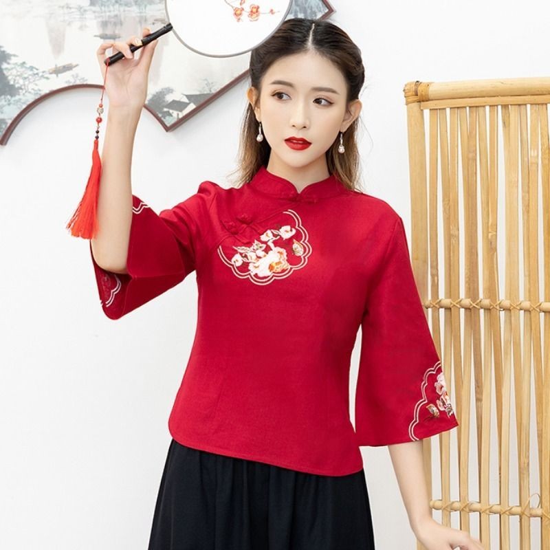 Ethnic Buckle Embroidered Cotton Linen Three-Quarter Sleeve Top ...