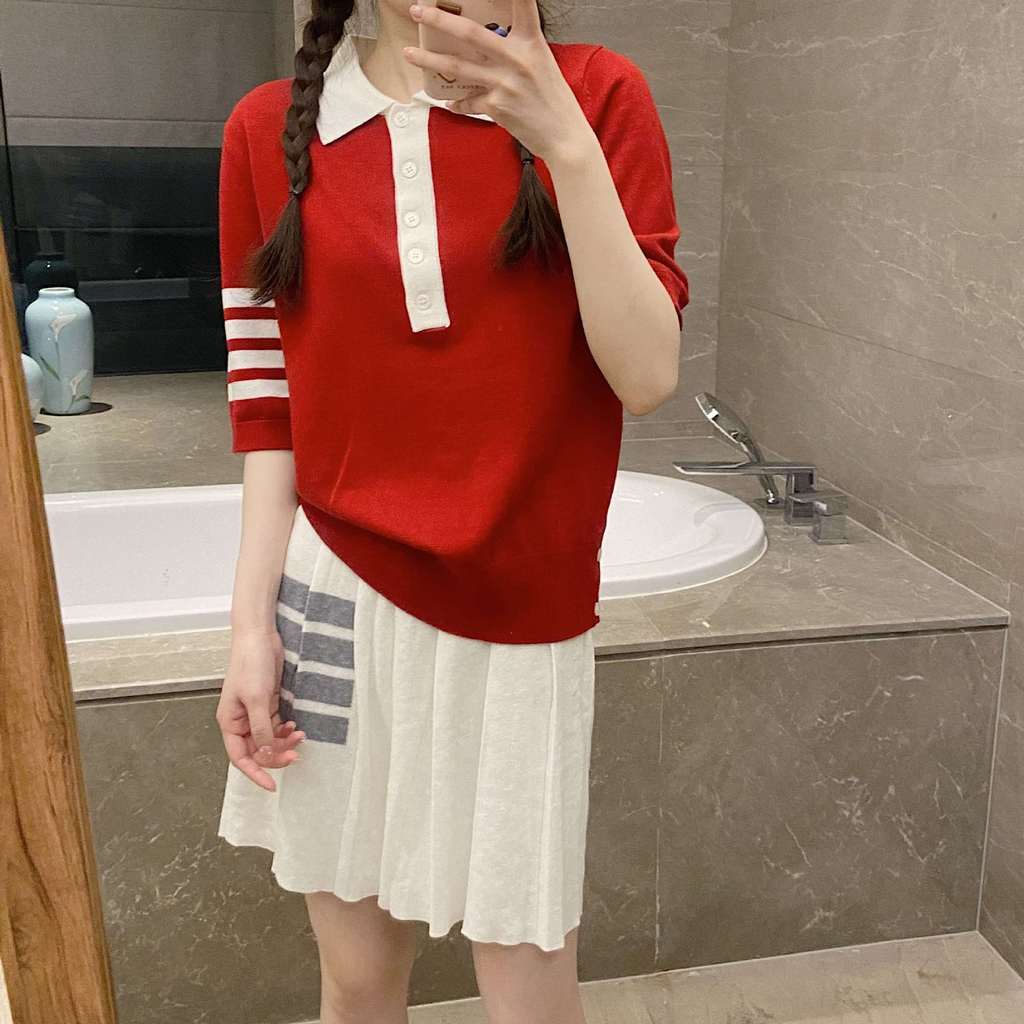 Thom Browne Women's Preppy Wool Knit T-Shirt with Jacquard Polo Collar ...