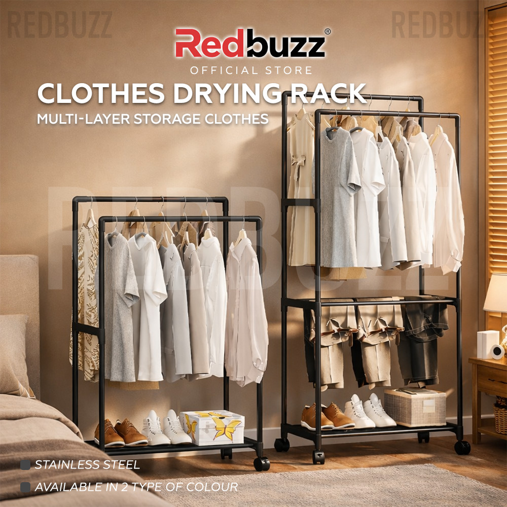REDBUZZ Double pole wheeled clothes drying rack multi-layer storage ...