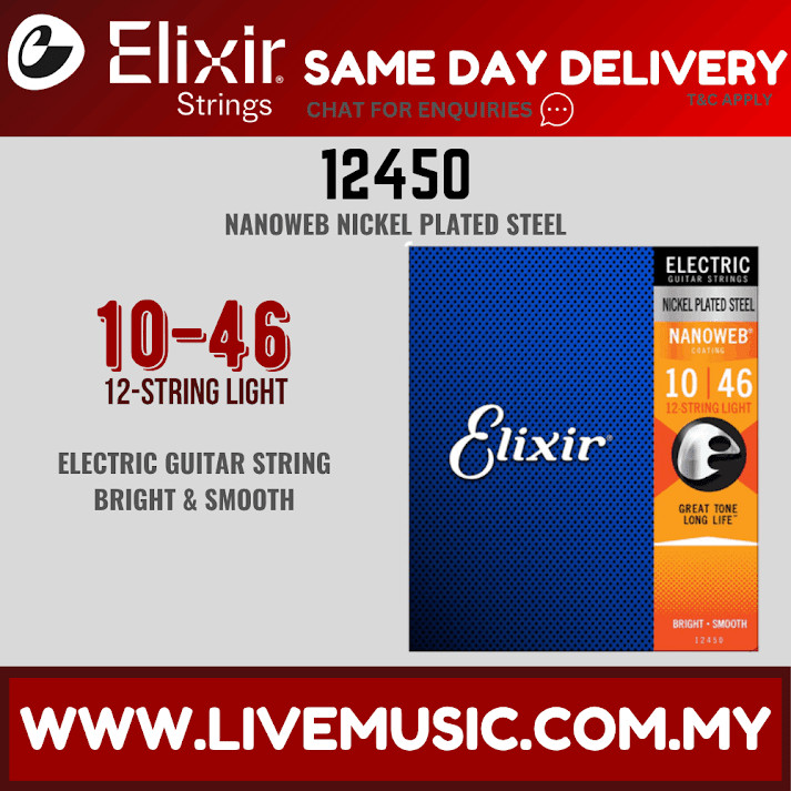Elixir 12450 Nanoweb Electric Guitar Strings, 12-String Light, 10-46 ...