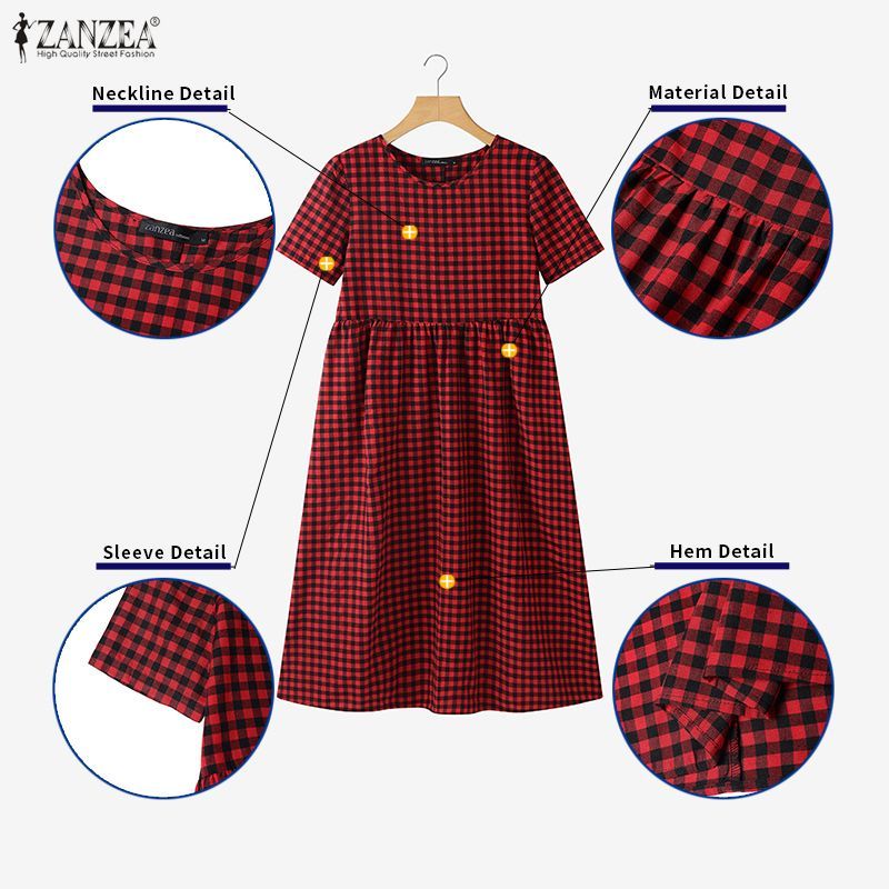 ZANZEA Women's Korean Style Retro Casual Dress with Round Neckline and ...
