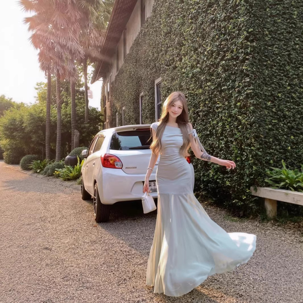 High-Quality French Off-the-Shoulder Green Dress with Tulle Fishtail ...
