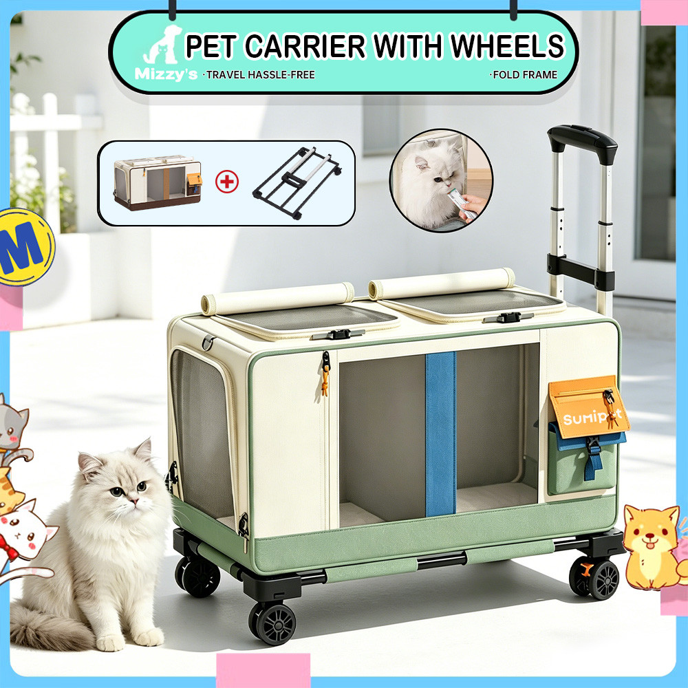 Mizzy's Cat Carrier with Double Wheels Foldable Rolling Pets Carrier ...