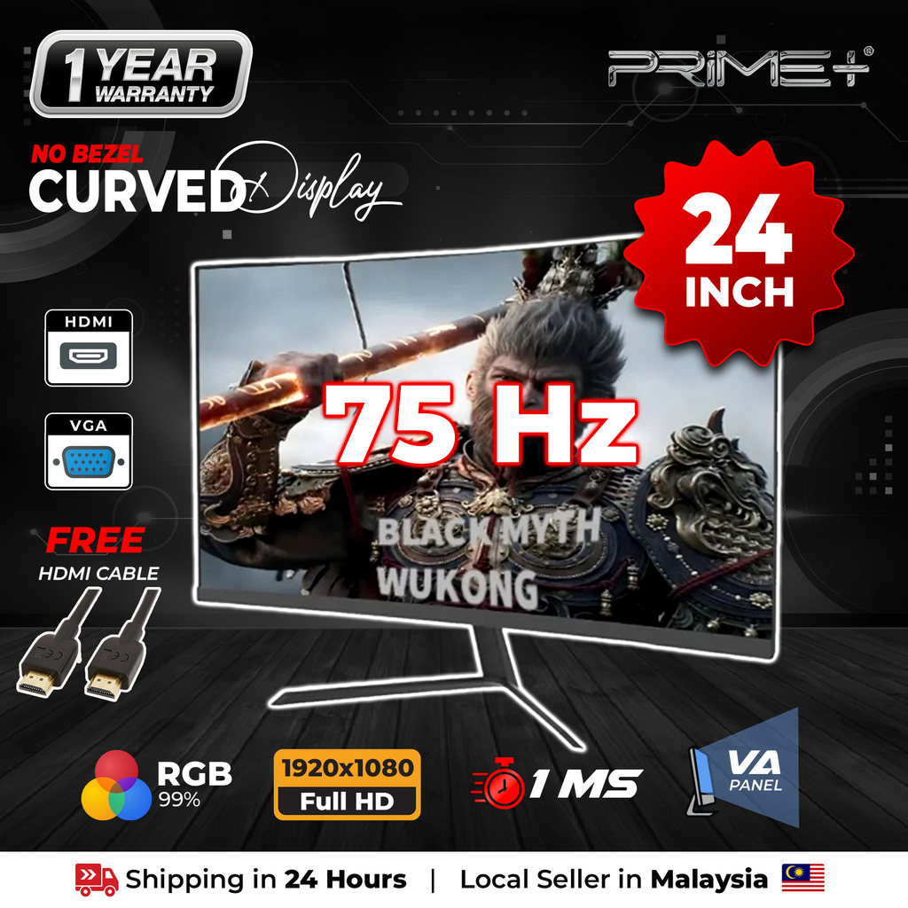 PC Monitor 24 Inch Curve 75Hz Refresh Rate FHD VA Panel LED Computer ...
