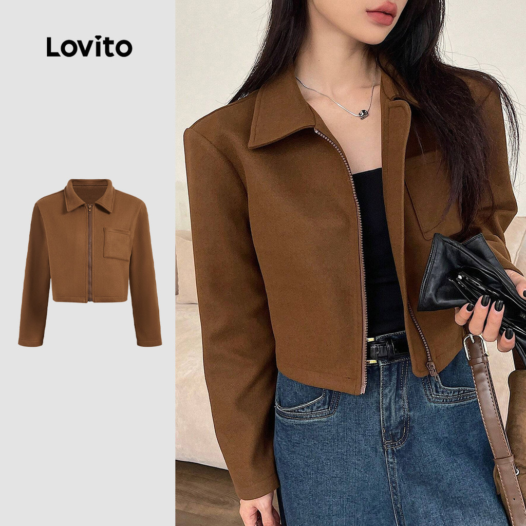 Lovito Women Casual Jacket Plain Zipper Fake Pocket Autumn Winter ...