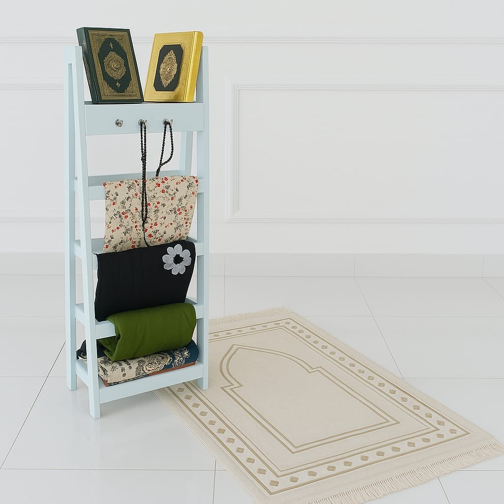 Hijab rack, prayer room decoration, minimalist wooden prayer mat and ...