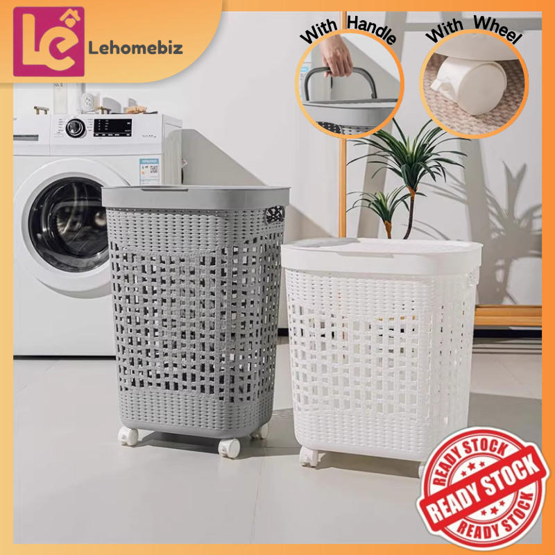 Large Laundry Basket with Lid & Wheels | Bakul Dobi Beroda - Clothes ...