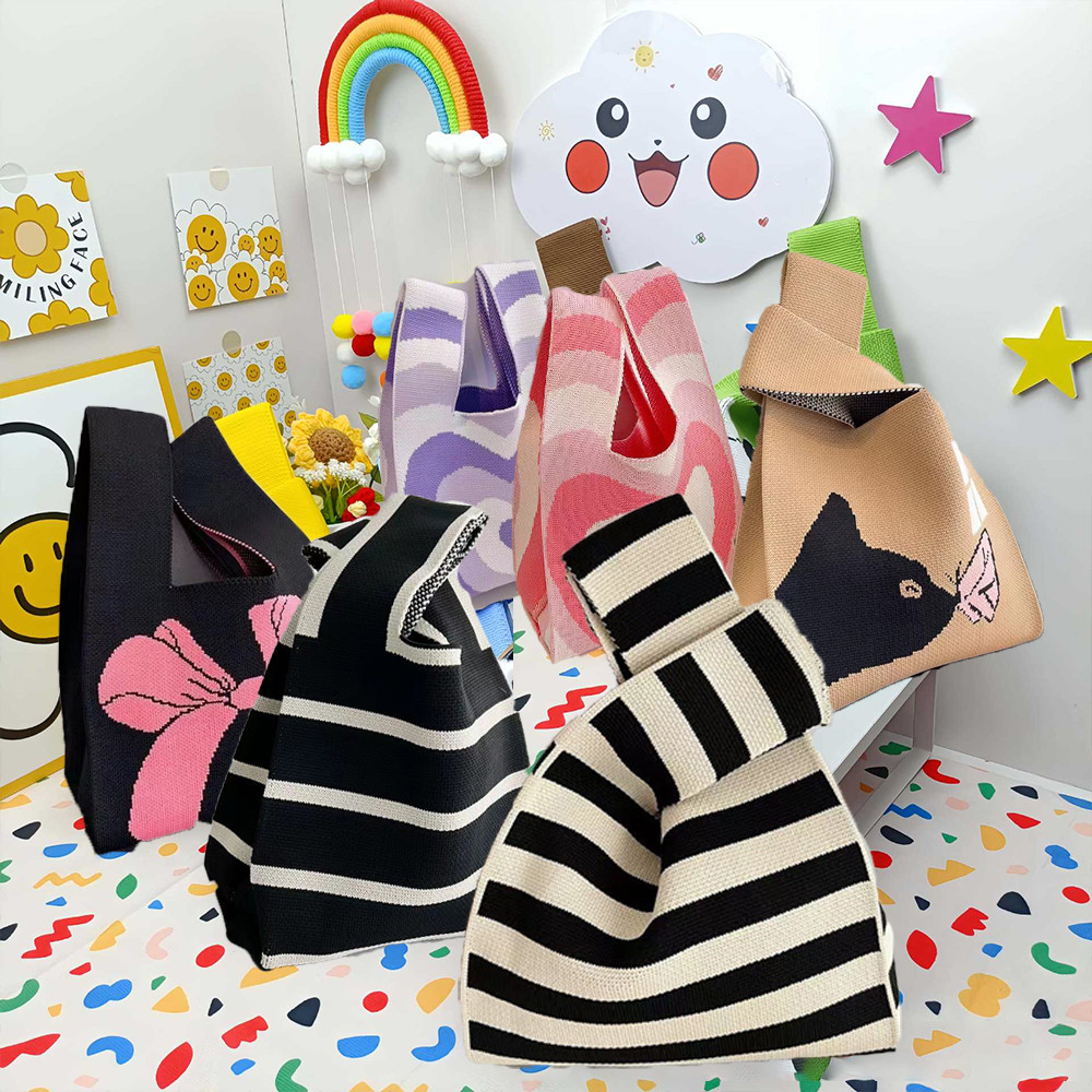 Bubu Candy Color Striped Knitted Bag Knit Bag Handbag Tote Bag Women ...