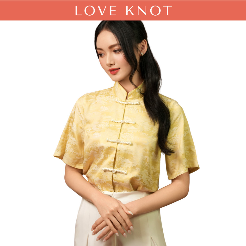 Ji Hong Short Sleeves Mandarin Collar Cheongsam Top (Yellow) | Shopee ...