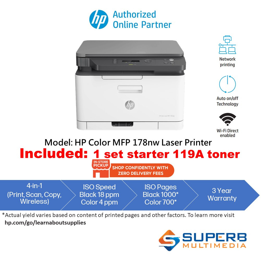 HP Color Laser MFP 178nw All-In-One Laser Printer (HP Redeem TnG E ...