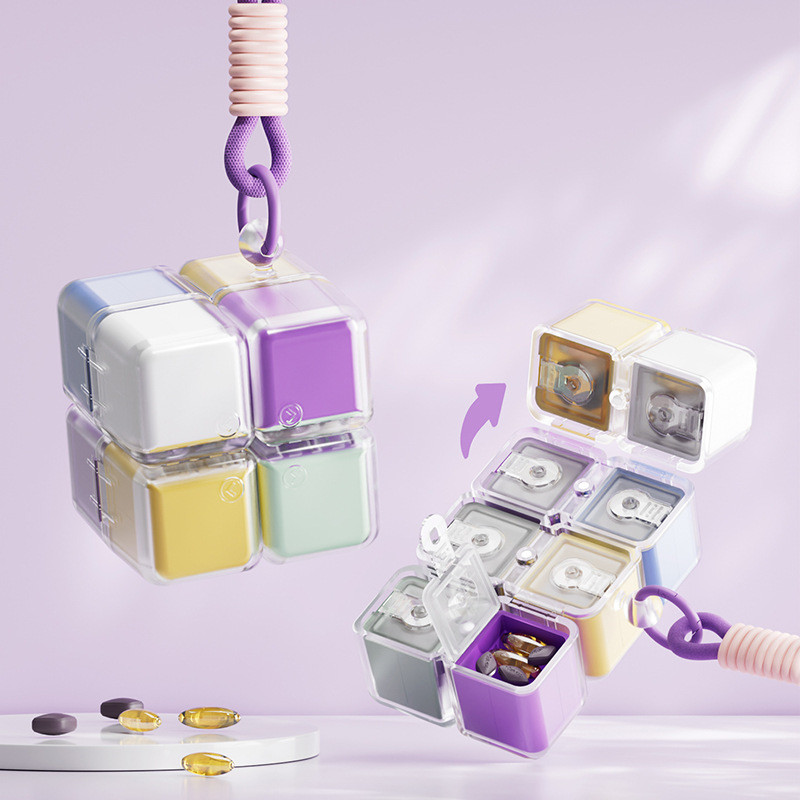 Portable Magic Cube with Lanyard Medicine Box Magnetic 8 Grids Seven ...