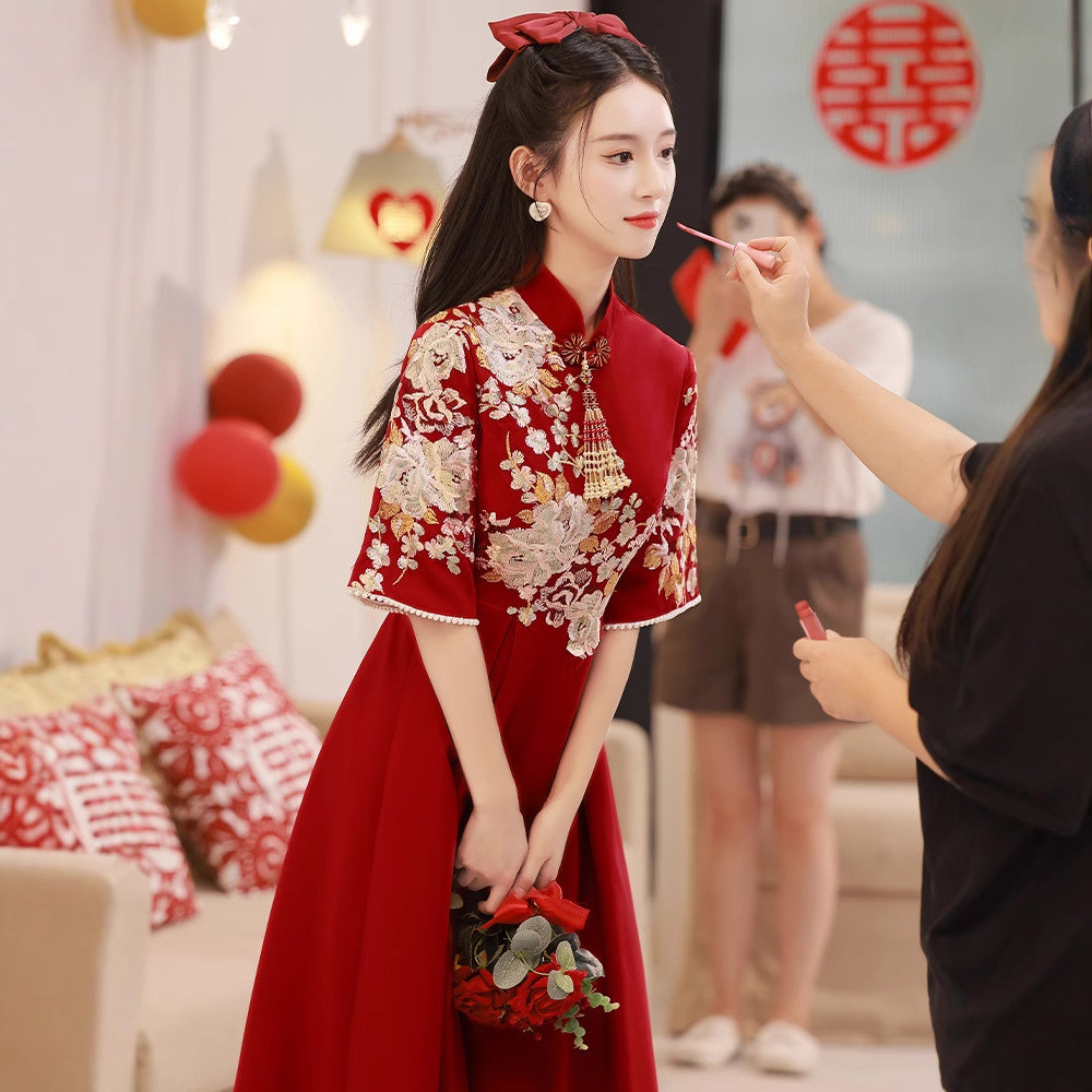 Premium Maternity Cheongsam with Red Embroidery - Perfect for Bridal ...