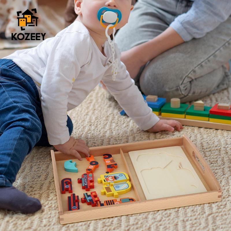 KOZEEY Montessori Wooden Tray 2 Sections Rectangular Driver Board Game ...