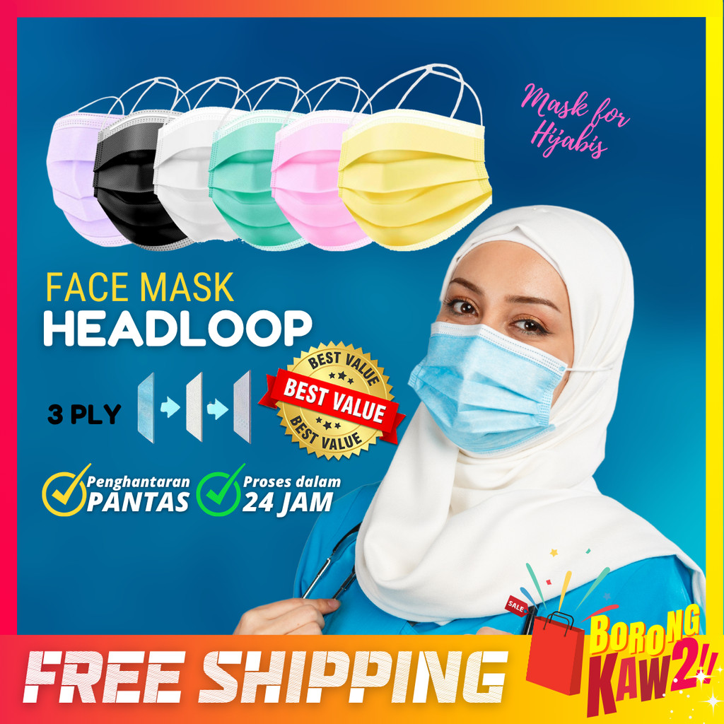 50pcs Hijab Tudung Face Mask Headloop Dust Protective Mouth Mask Topeng ...