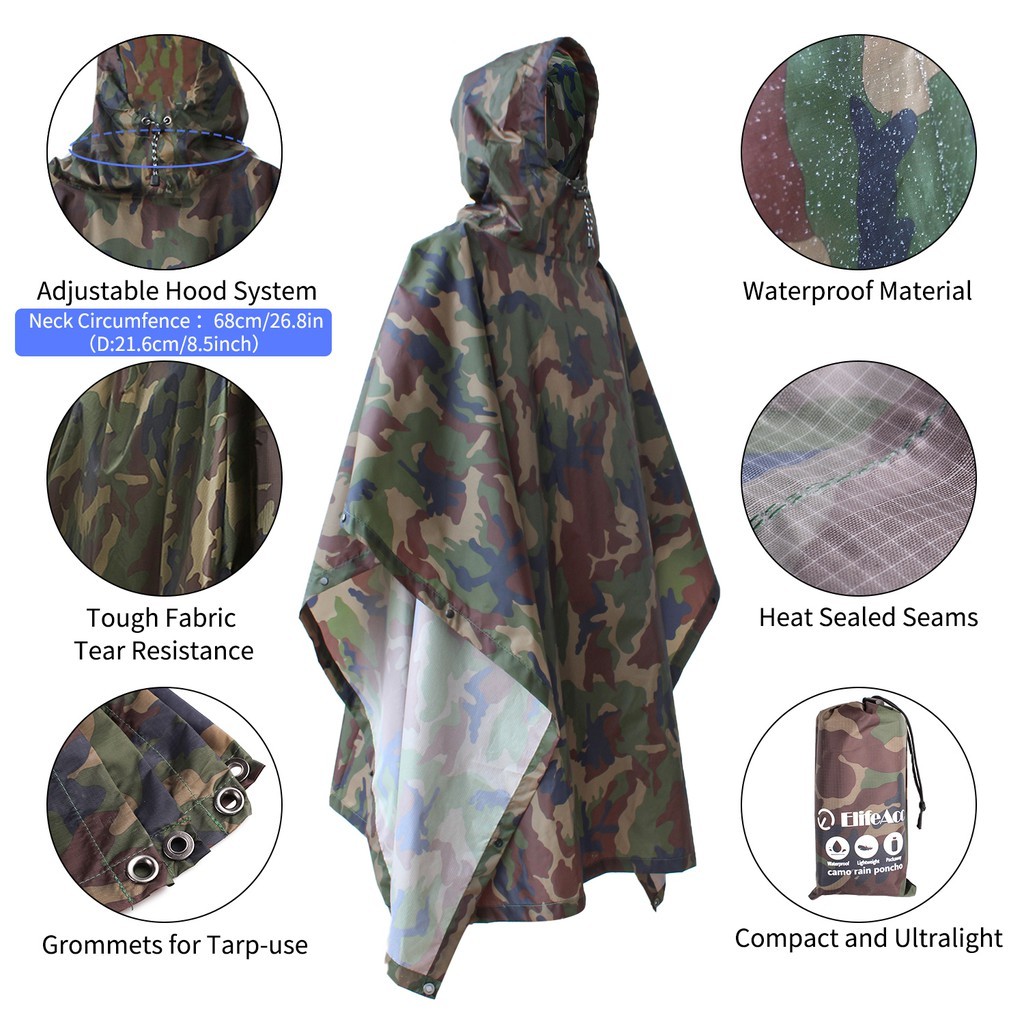 High Quality Lightweight Camo Waterproof Hooded Long Raincoat Poncho ...
