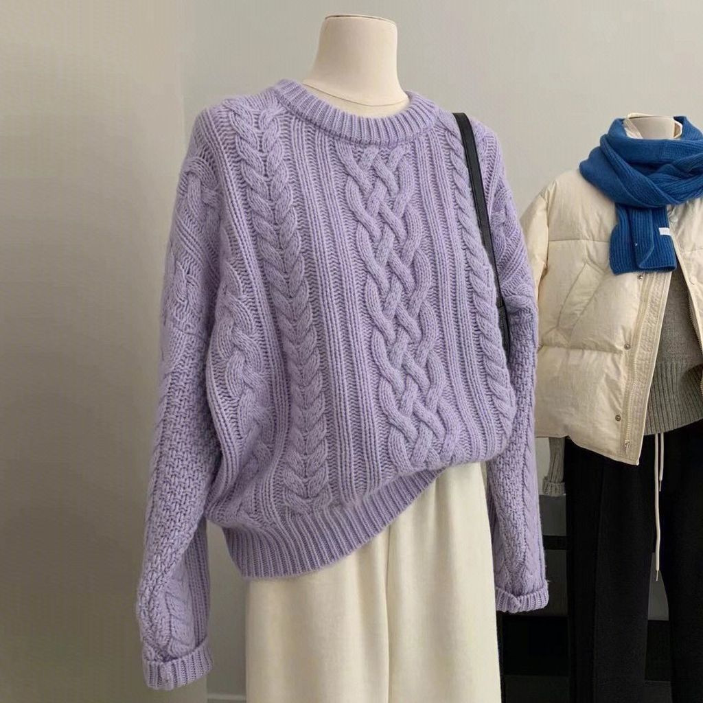 Taro Purple Thick Needle Round Neck Pullover Twist Sweater Women Autumn ...