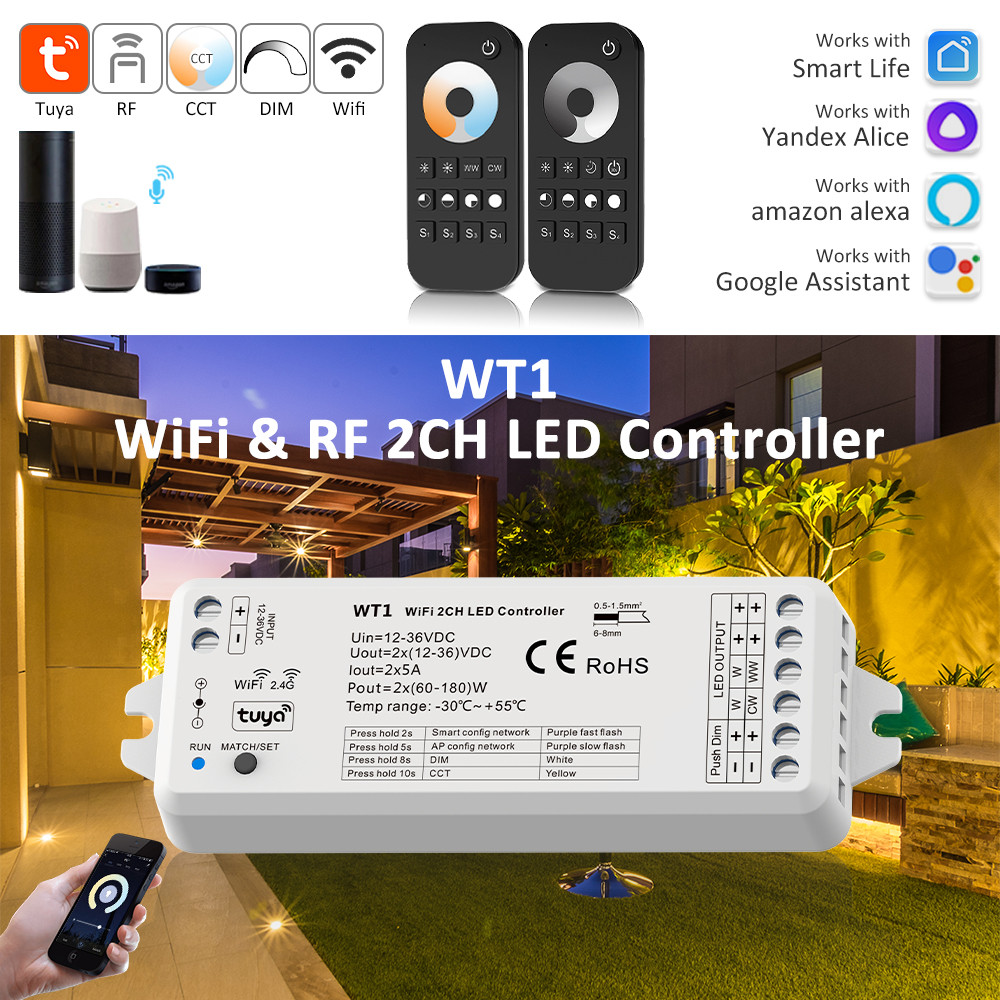 12V 24V WT1 Wifi Tuya Smart CCT Controller 2CH 5A WW CW Strip LED ...