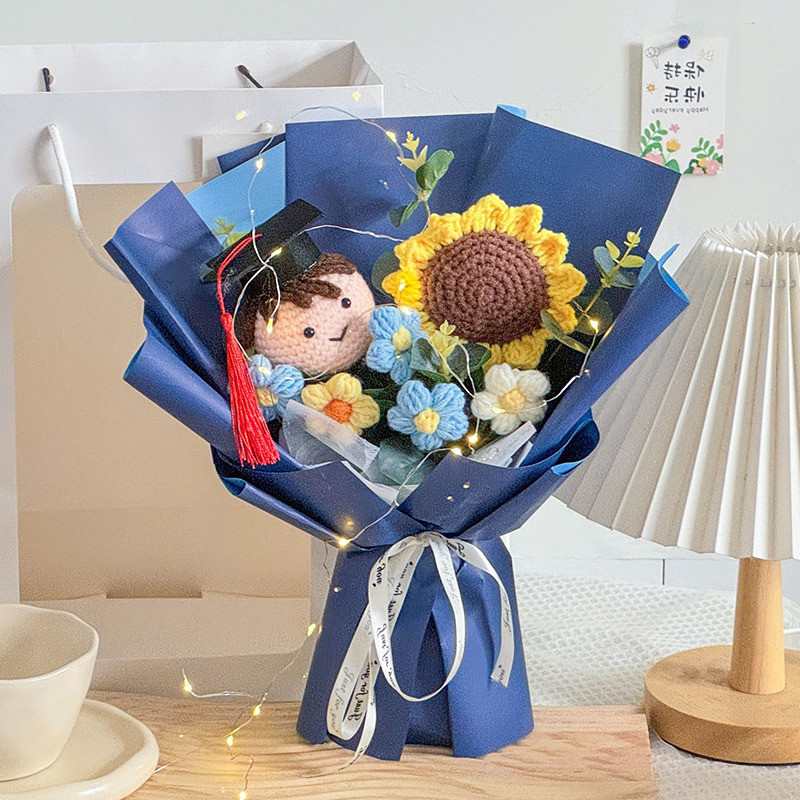 (Finished)Sunflower Crochet Bouquet with Dr Hat Plush Doll Handmade ...
