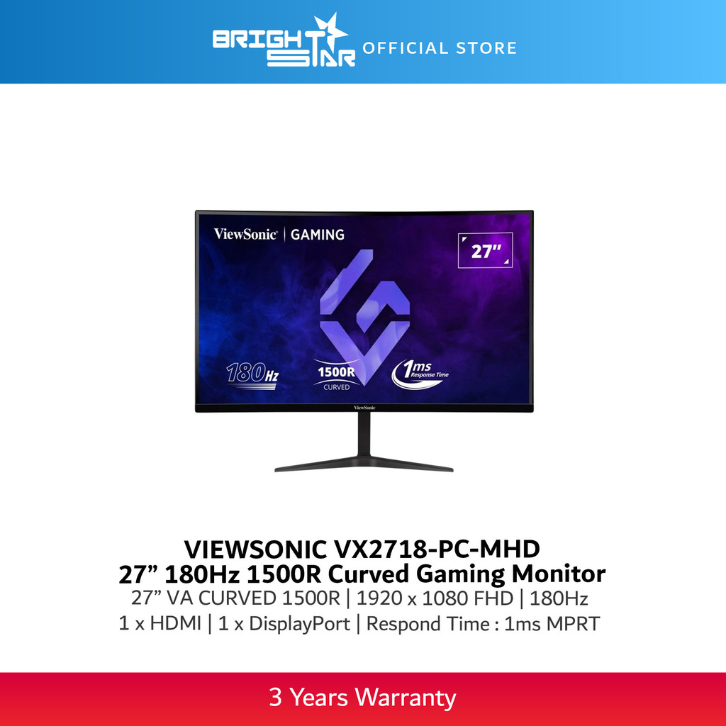 VIEWSONIC VX2718-PC-MHD 27” 180Hz 1500R Curved Gaming Monitor - Full HD ...