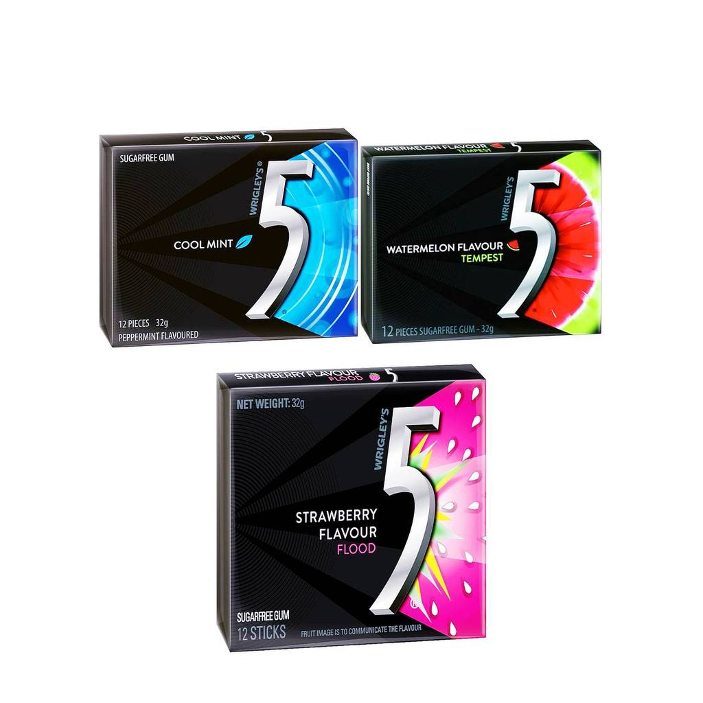 Wrigley’s 5 Gum 32g Sugarfree Peppermint Cobalt / Watermelon Tempest ...