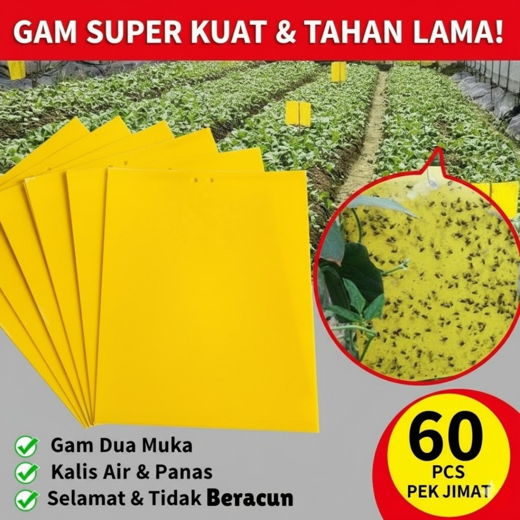 60PCS Perangkap Serangga Kuning Double Sided Sticky Insect Trap Pelekat ...