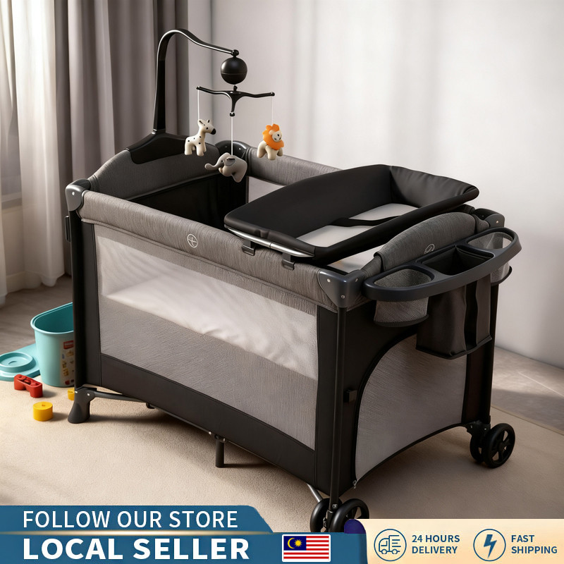 Baby Cot 2 Level Portable Baby Bed Playpen Travel Cot Stitching Large ...