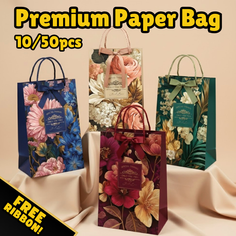 【10/50 pcs】 Premium Series Paper Bag | Floral Ribbon Design | Elegant ...