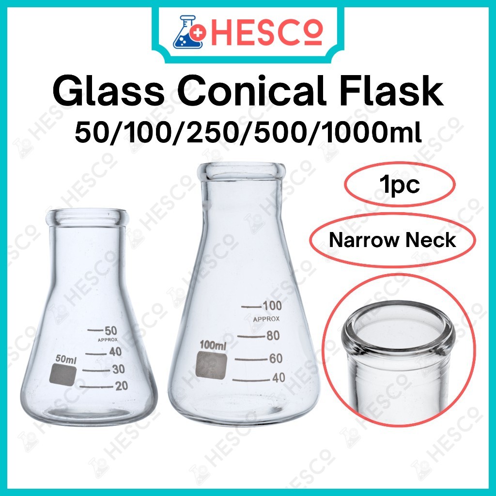 Glass Conical Flask Narrow Neck — 50/100/250/500/1000mL Borosilicate ...