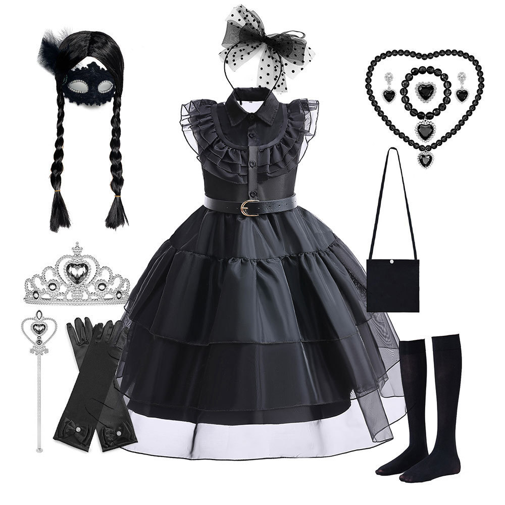 Children Wednesday Adams cos costume Halloween Black Chiffon Dress ...