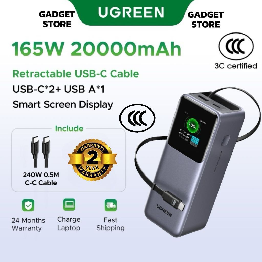 【CCC Certified 3C】UGREEN 165W 2C1A with 65cm Retractable USB-C Cable ...