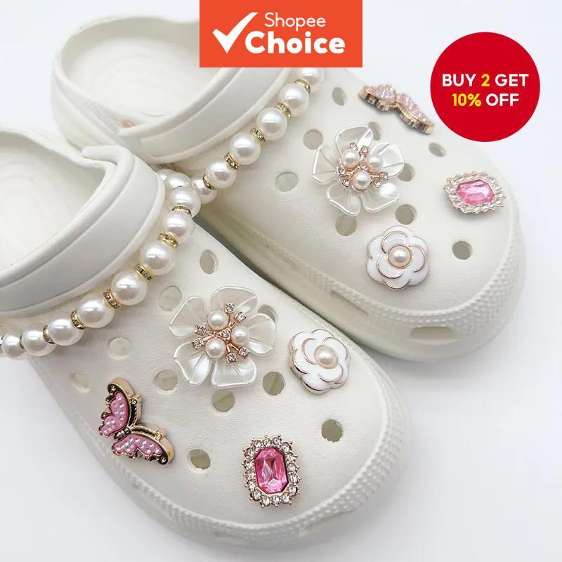 10-Piece Trendy Clog Charms Set – Pink Chain with Butterfly & Flower ...