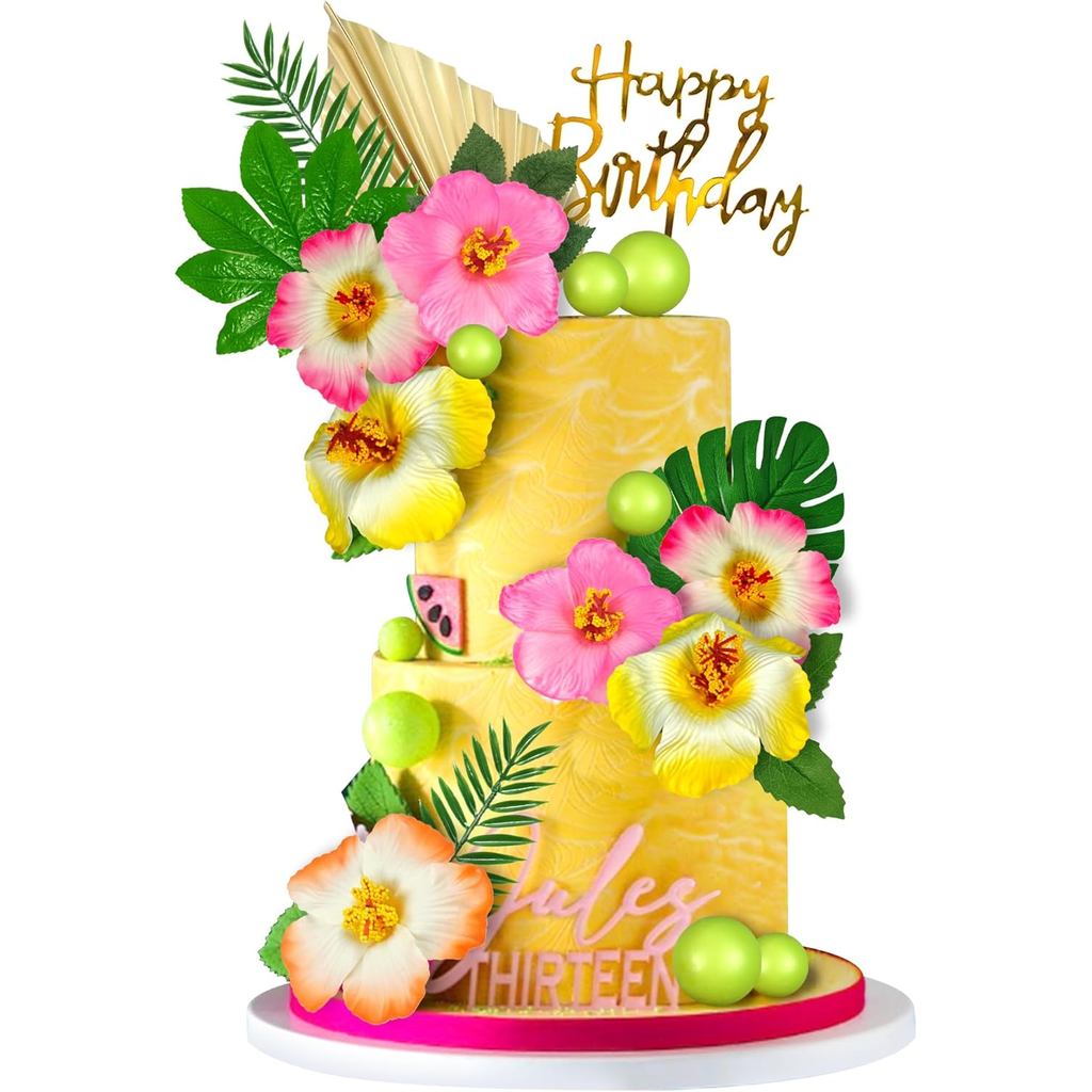 25 PCS Hiasan Kek Hawaii Hiasan Kek Bunga dengan Daun Palma Bola Bunga ...