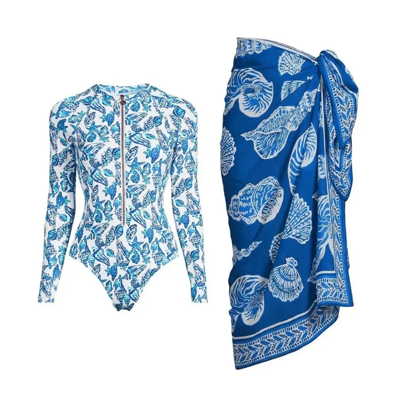 Baju Renang Zip Lengan Panjang Wanita, Biru, Pakaian Renang One Piece ...