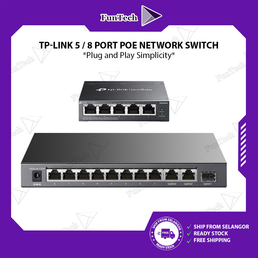FunTech TP-Link ES205GP 5-Port / TL-SL1311P 8-Port PoE+ Power Over Ethernet Switch RJ45 PoE ...